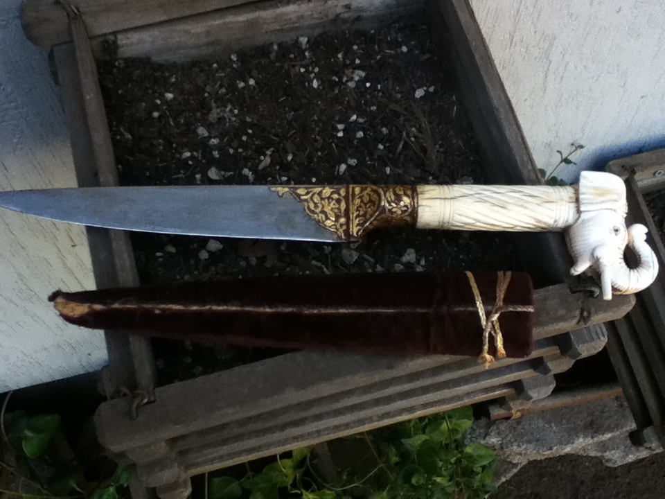 Old Mammoth Ivory Elephant head handle with gold inlay knife/dagger ...